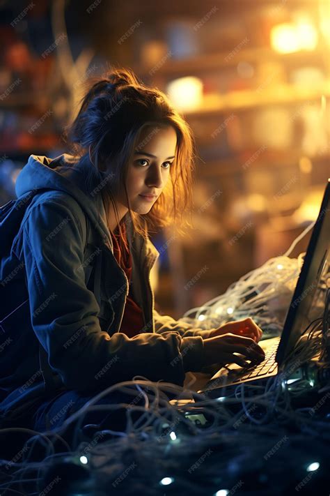 Premium Ai Image A Girl Programming A Basic Computer Diligent And Typing Next Digital Native