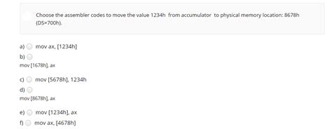 solved choose the assembler codes to move the value 1234h