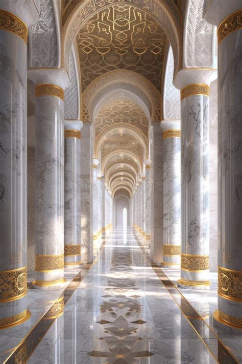 Decorated Mosque Marble Columns On The Top With Like Golden Palm In