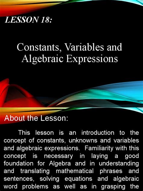 lesson 18 constants variables and algebraic expressions pdf
