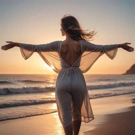 A Woman Standing On The Beach Legs Apart Arms Outs