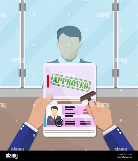 Officer At Passport Control Point Putting A Stamp In The Passport With A Mark Approved Travel