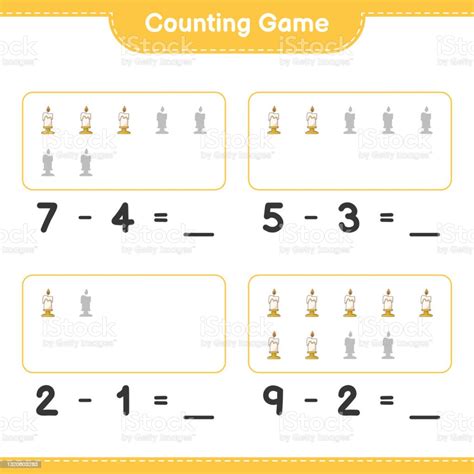 게임을 계산 촛불의 수를 계산하고 결과를 작성합니다 교육 어린이 게임 인쇄 워크 시트 벡터 일러스트레이션 0명에 대한 스톡 벡터 아트 및 기타 이미지 Istock