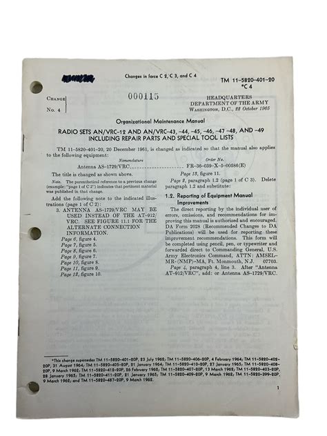 Us Army Radio Set Am Vrc 12 Repair Part Tool Lists Softcover Reference Book Military Antiques