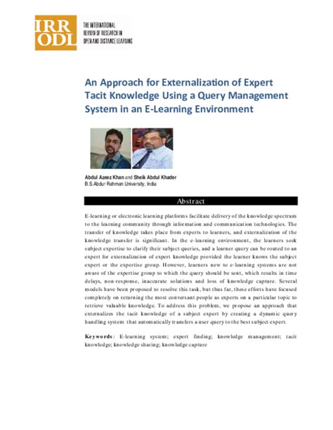 Pdf An Approach For Externalization Of Expert Tacit Knowledge Using A Query Management System