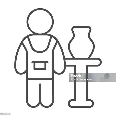 책상에 진흙 주전자와 앞치마를 두른 남자 얇은 선 아이콘 도자기 만들기 개념 벡터 그래픽입니다 흰색 배경에 테이블 기호에 꽃병을 가진 인간 모바일 또는 웹 디자인에 대한