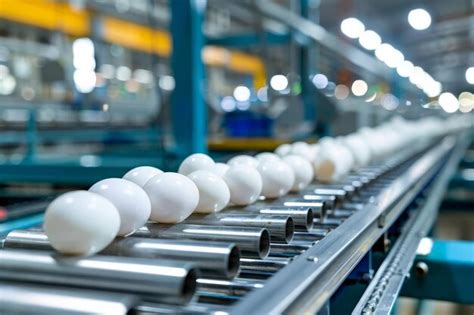 White Chicken Eggs On Conveyor At Poultry Farm Part Of An Automated Egg