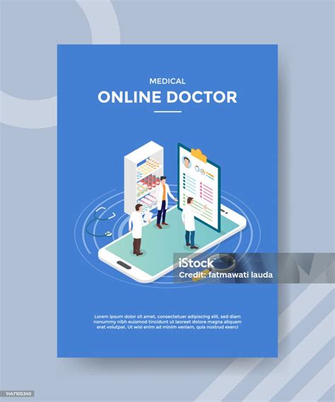 의료 온라인 의사 사람들은 배너 전단지 책 표지 액체 모양 스타일의 잡지 템플릿을 위해 스마트 폰에 서 있습니다 3차원 형태에 대한 스톡 벡터 아트 및 기타 이미지 Istock