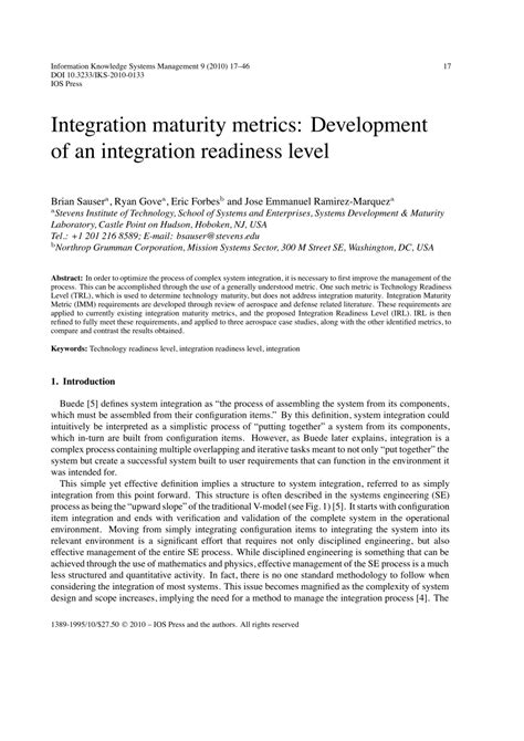Pdf Integration Maturity Metrics Development Of An Integration Readiness Level