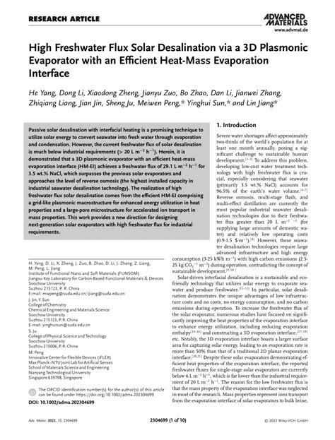 High Freshwater Flux Solar Desalination Via A 3d Plasmonic Evaporator With An Efficient Heat