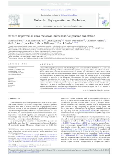 Pdf Mitos Improved De Novo Metazoan Mitochondrial Genome Annotation