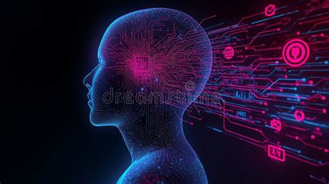 Human Head Profile With Glowing Circuitry Data Stream Flowing Out