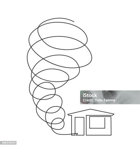 주거용 건물 근처의 토네이도 바람 토네이도 폭풍을 동반한 자연 재해 허리케인 사이클론 지역 건물 파괴 치명적인 재앙 단일 연속 선이 있는 간단한 선형 그림 검은색에 대한