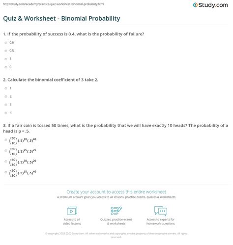Quiz And Worksheet Binomial Probability Worksheets Library
