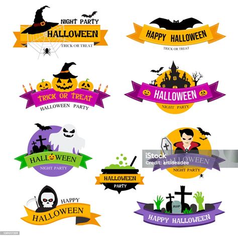 흰색 배경에 할로윈 배지 및 레이블의 집합벡터 일러스트레이션 로고에 대한 스톡 벡터 아트 및 기타 이미지 로고 전통 페스티벌 할로윈 Istock