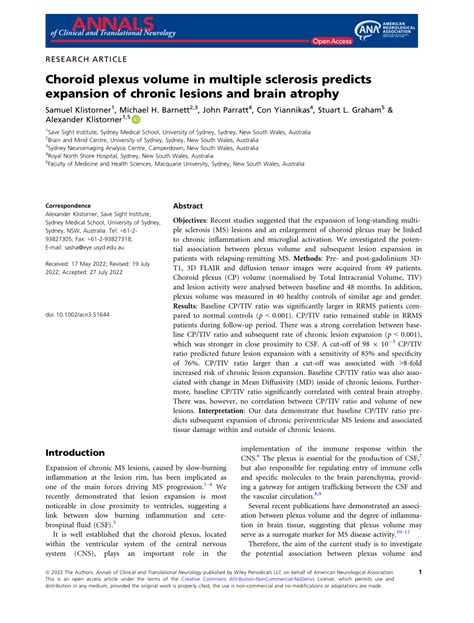 Pdf Choroid Plexus Volume In Multiple Sclerosis Predicts Expansion Of Chronic Lesions And
