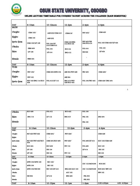Online Lecture Timetable For Rain Semester Pdf