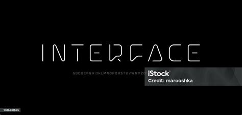 기술 얇은 글꼴 디지털 알파벳 A에서 Z까지의 트렌디한 대문자 라틴 문자 인터페이스 디자인을 위한 0에서 9까지의 아라비아 숫자 벡터 일러스트레이션 10eps 가상현실에