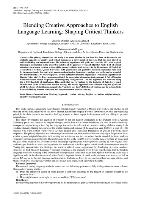 Pdf Blending Creative Approaches To English Language Learning Shaping Critical Thinkers