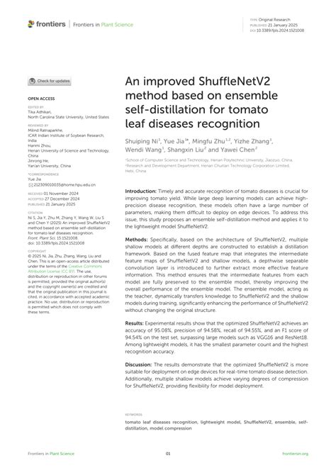 PDF An Improved ShuffleNetV Method Based On Ensemble Self Distillation For Tomato Leaf