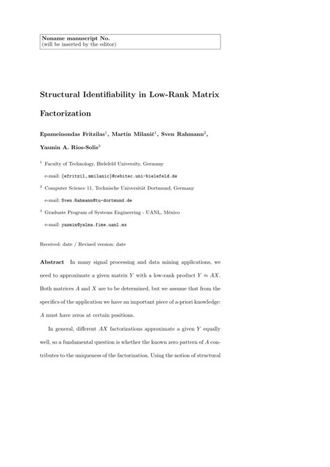 Pdf Structural Identifiability In Low Rank Matrix Factorization