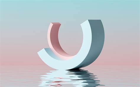 분홍색 파란색 둥근 아치 모양과 젖은 바닥에 물에 반사와 3d 렌더링 추상 현대 최소한의 배경 3차원 형태에 대한 스톡 사진 및