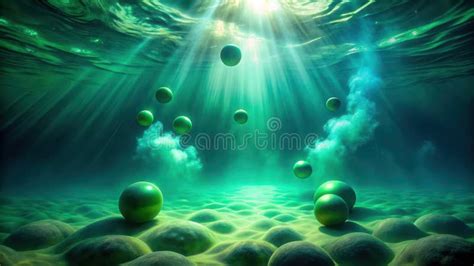 Submerged Spheres An Ethereal Underwater Scene Of Green Orbs Resting On A Textured Seabed With