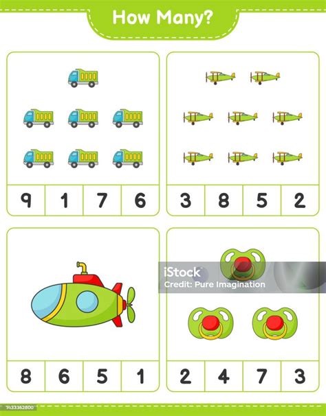 계산 게임 얼마나 많은 트럭 비행기 잠수함 그리고 젖꼭지 교육 어린이 게임 인쇄 가능한 워크 시트 벡터 일러스트 레이 션 0명에 대한 스톡 벡터 아트 및 기타 이미지