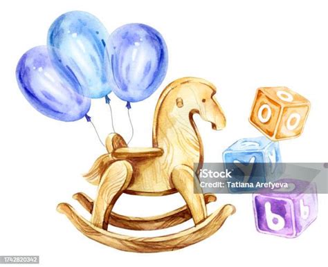 나무 빈티지 흔들 목마 파란색과 청록색 공기 풍선 흰색 배경에 분리된 문자가 있는 파란색과 라일락 큐브가 있는 어린이 테마의 수채화 구성 0명에 대한 스톡 벡터 아트 및