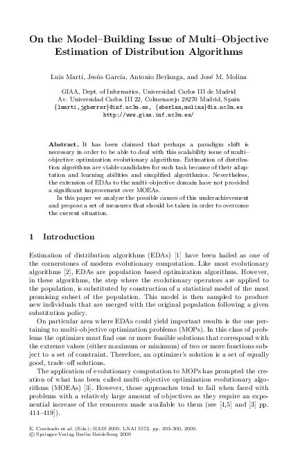 Pdf On The Modelbuilding Issue Of Multiobjective Estimation Of Distribution Algorithms