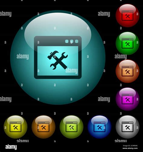 Application Tools Icons In Color Illuminated Spherical Glass Buttons On Black Background Can Be