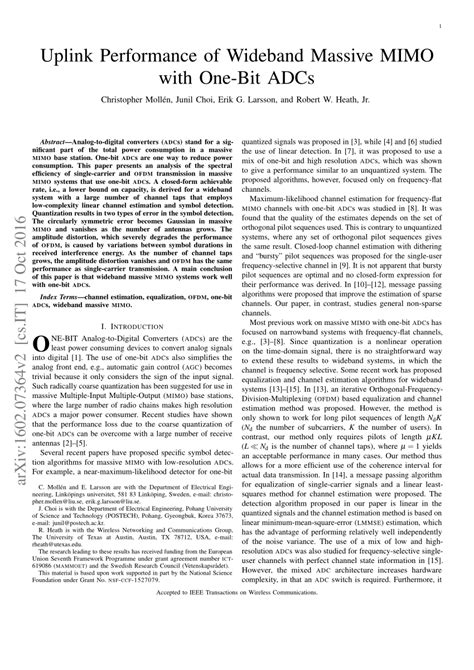 Pdf Performance Of The Wideband Massive Uplink Mimo With One Bit Adcs
