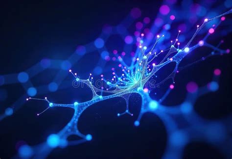 Neural Network Structure With Glowing Nodes Blue Background Pink Light Abstract Stock