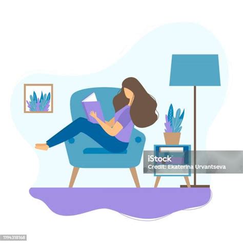 파란색 보라색 톤의 그림은 어두운 머리를 가진 어린 소녀가 안락의자에 책을 읽고있다 가정 생활에 대한 스톡 벡터 아트 및 기타 이미지 가정 생활 가정의 방 거실