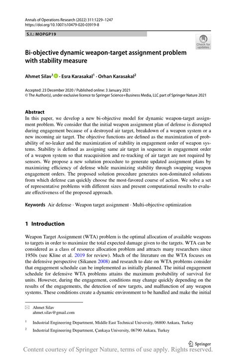 Bi Objective Dynamic Weapon Target Assignment Problem With Stability Measure Request PDF