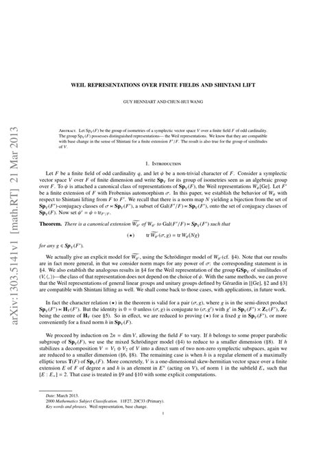 Pdf Weil Representations Over Finite Fields And Shintani Lift