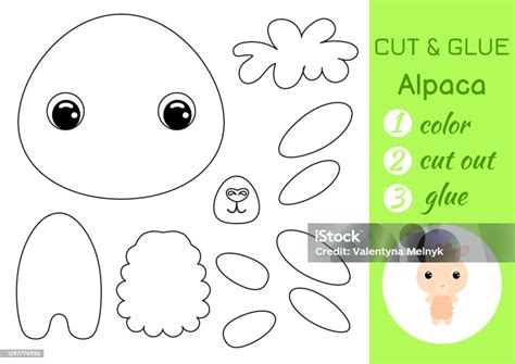 색칠 공부 는 아기 알파카를 잘라 접착제 유치원 어린이를위한 교육 종이 게임 워크시트를 잘라내고 붙여넣습니다 종이에 색상 절단