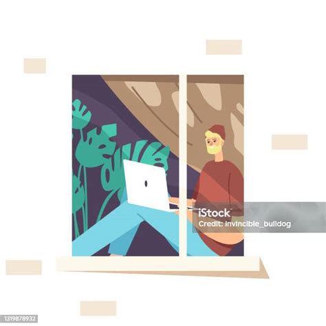 원격 프리랜서 작업 개념 남자 프리랜서 착용 힙스터 옷 에 앉아 에 창턱 작업 먼 에 노트북 가정 생활에 대한 스톡 벡터 아트 및 기타 이미지 Istock