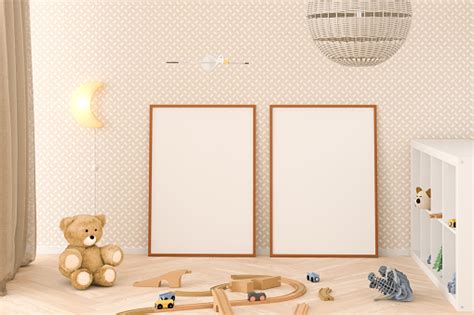 어린이 방 내부 모형 빈 사진 프레임 테디 베어 장난감 철도 매머드 고양이 장난감 달 램프 커튼 및 사이드 보드 패턴 크림 색 벽 3d 렌더링 웹 배너 형식 0명에 대한