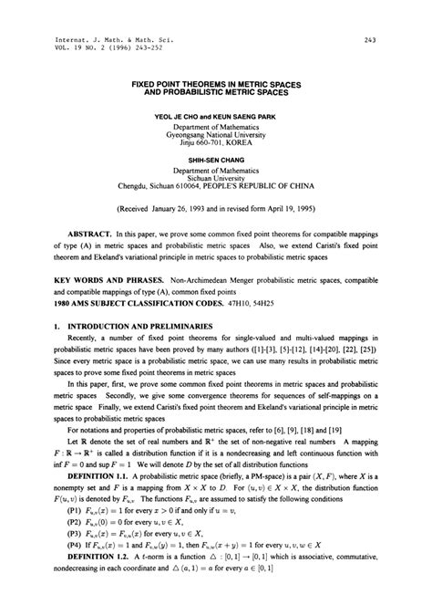 PDF Fixed Point Theorems In Metric Spaces And Probabilistic Metric Spaces