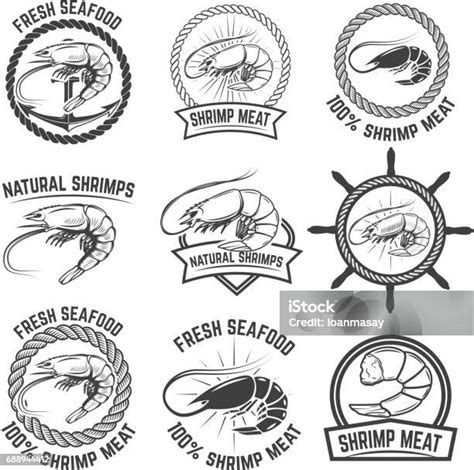 새우 고기 레이블 집합 흰색 배경에 고립 레이블 배지 기호에 대 한 디자인 요소입니다 벡터 일러스트입니다 가격표에 대한 스톡 벡터 아트 및 기타 이미지 Istock