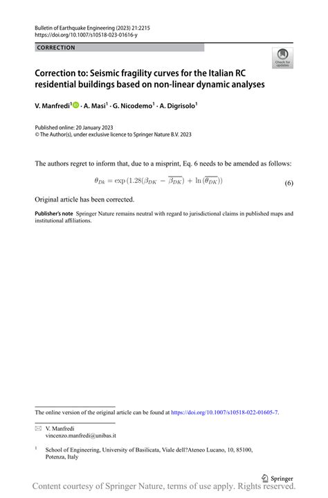 Correction To Seismic Fragility Curves For The Italian Rc Residential Buildings Based On Non