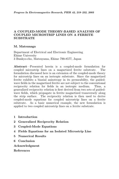Pdf A Coupled Mode Theory Based Analysis Of Coupled Microstrip Lines On A Ferrite Substrate