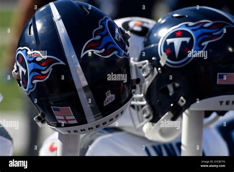 Detail View Of A Tennessee Titans Helmet With American And English Flag