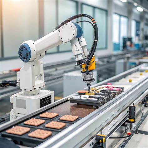 Robotic Arm Performing Precision Tasks On Assembly Line Surrounded By Machinery And Conveyors