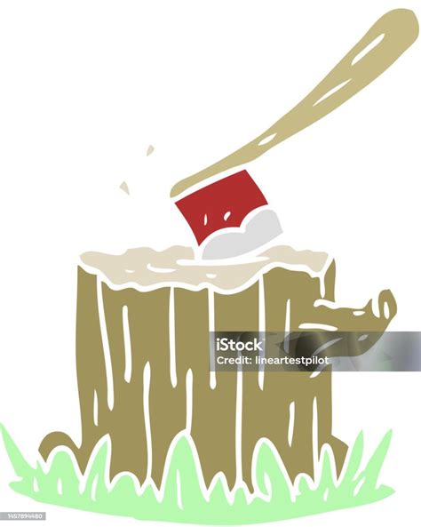 나무 그루터기에 있는 평면 색상 스타일 만화 도끼 귀여운에 대한 스톡 벡터 아트 및 기타 이미지 귀여운 그루터기 식물 부위 꼼짝 못하는 Istock