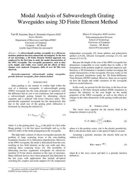 Pdf Modal Analysis Of Subwavelength Grating Waveguides Using 3d Finite Element Method
