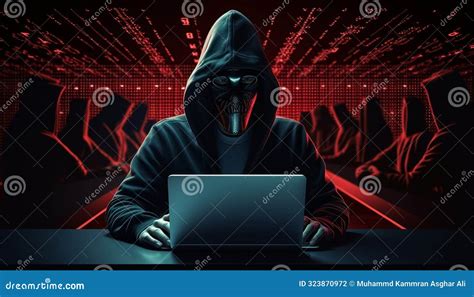 A Man In A Mask With A Hood Behind A Laptop Symbol Of A Group Of Hackers And Anti System Stock