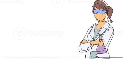Single Continuous Line Drawing Young Female Scientist Wearing Goggling And Holding Flask In Lab