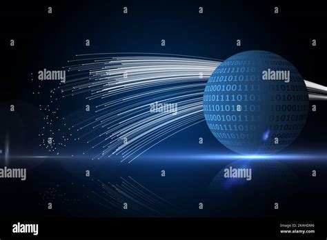 abstract illustration of binary coding over globe and glowing light trails against blue